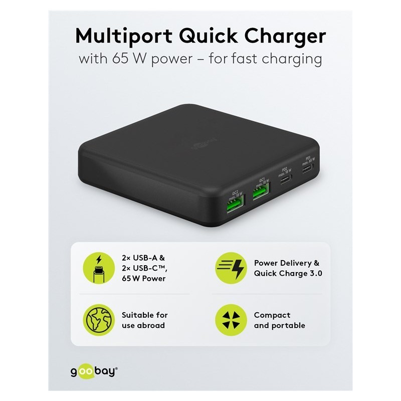 USB-C™ PD GaN Multiport Desktop Charger (65 W) black 2x USB-C, 2x USB-A ...